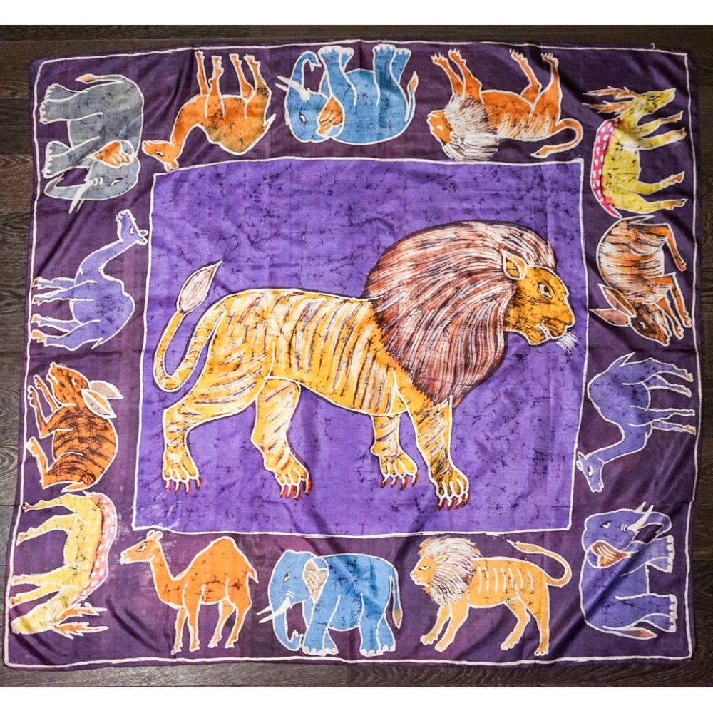 Silk Wax Batik Print Lion & Animals Scarf - 44" X 44" - Gem